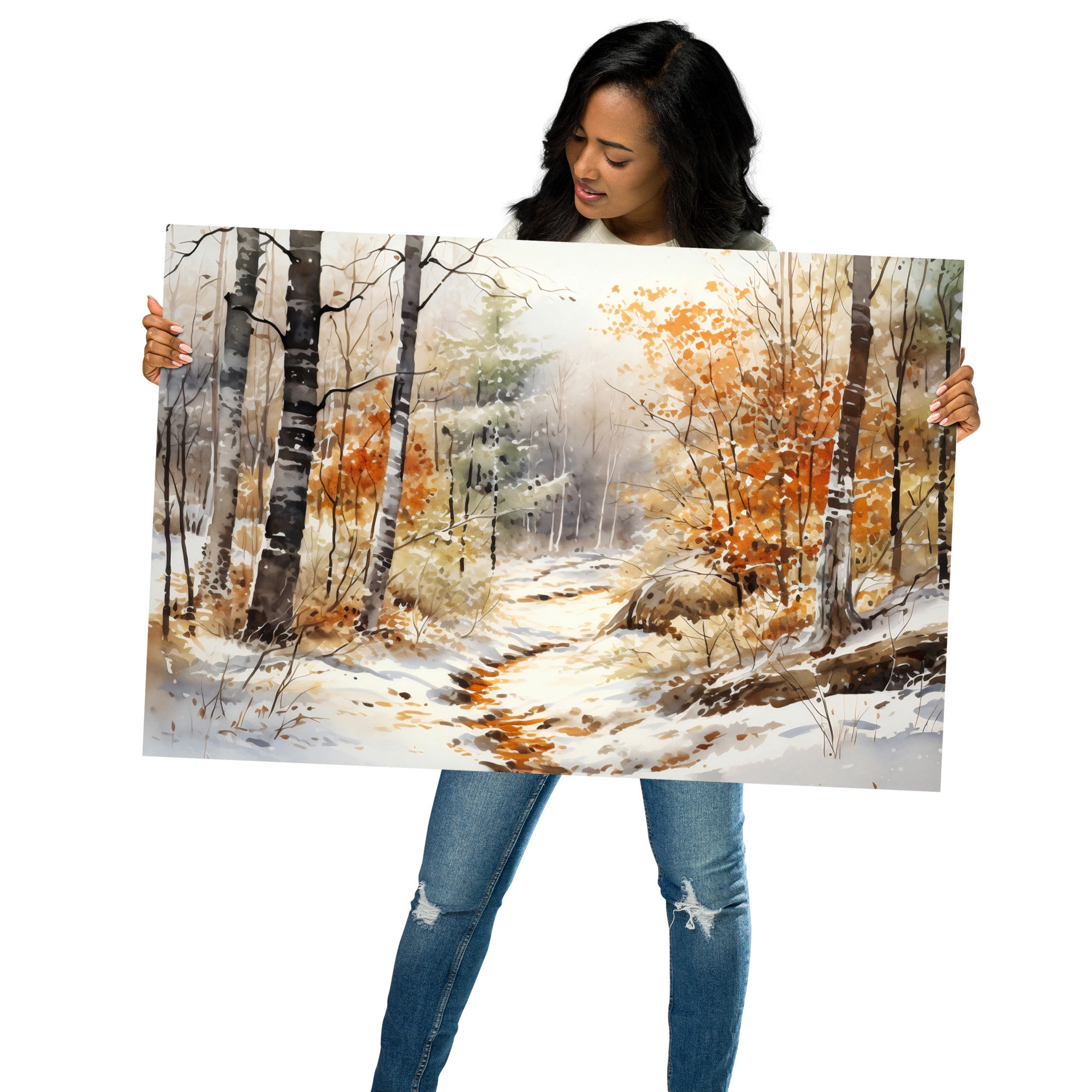First Snow Watercolor Painting Art Print, Winter Forest Large Wall Art ...
