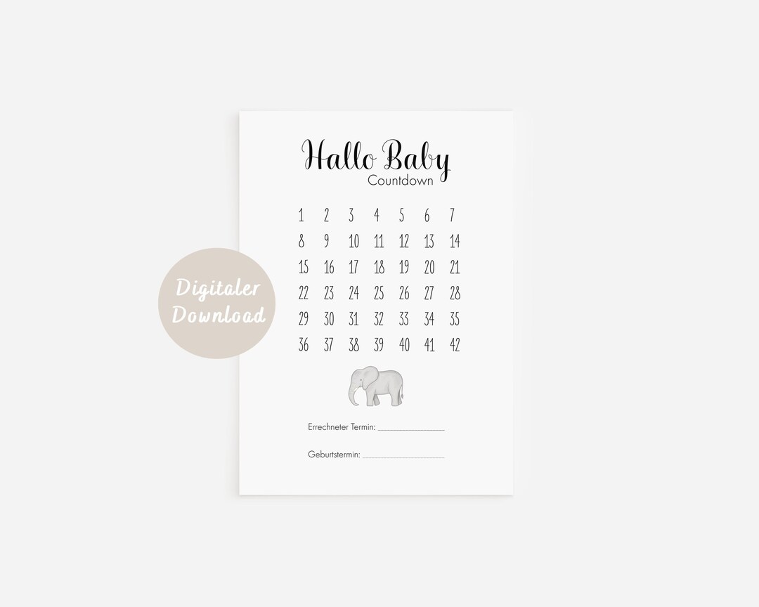 Baby Countdown Card / Poster Elephant DIGITAL DOWNLOAD - Etsy