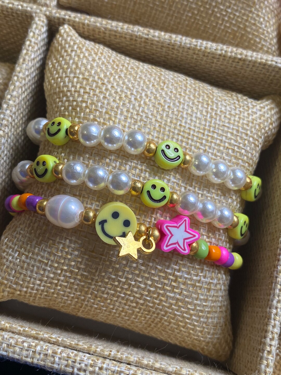 Happy Face Emoji Bracelet Trio Set. Stretchy Bracelet. Beaded Bracelet ...