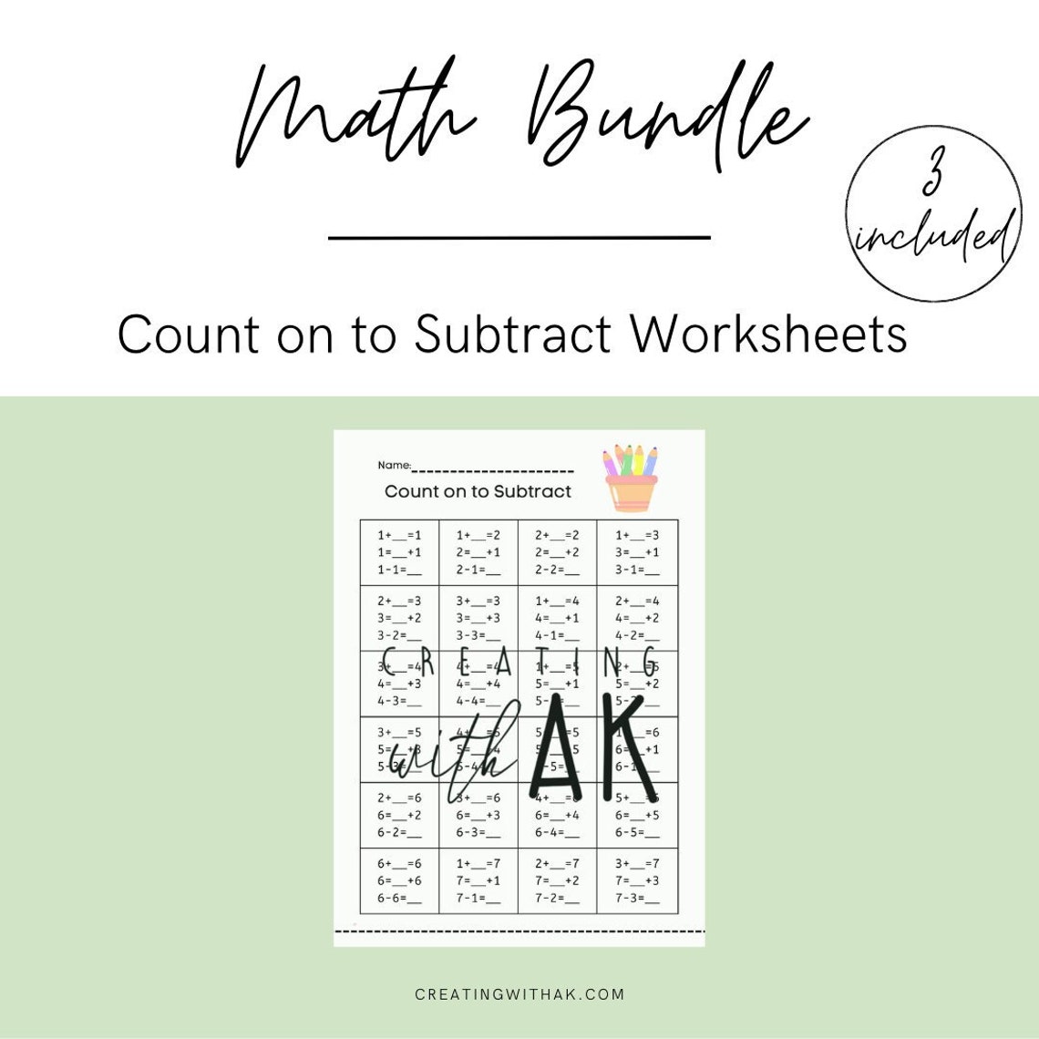 Math Worksheets Printable Bundle Subtraction Count on to Subtract With ...