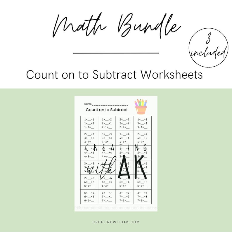 Math Worksheets Printable Bundle Subtraction Count on to Subtract With ...