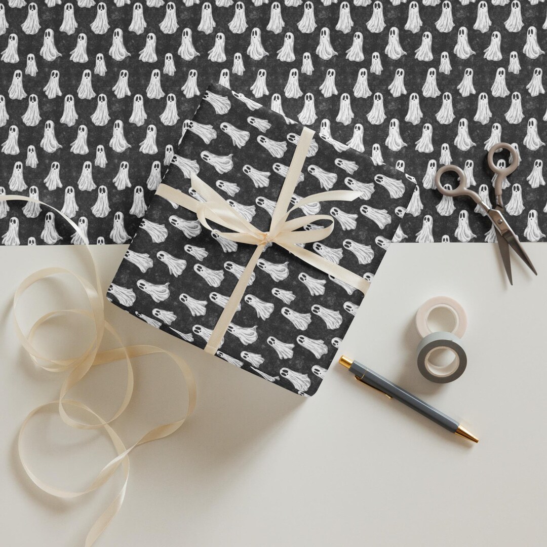 Ghost-themed Halloween Wrapping Paper Sheets | Hand-drawn Fine Line ...