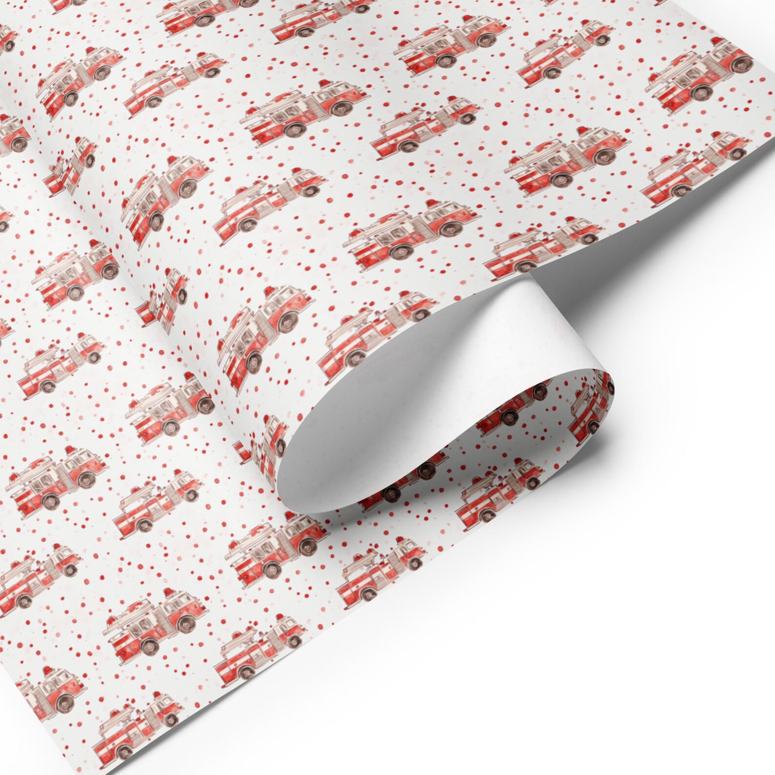 Red Fire Truck Wrapping Paper - Watercolor Fire Engine With Red Polka ...