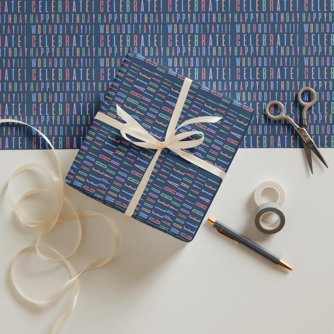 Navy Blue Birthday Wrapping Paper Happy Birthday Celebrate Woohoo Yay ...