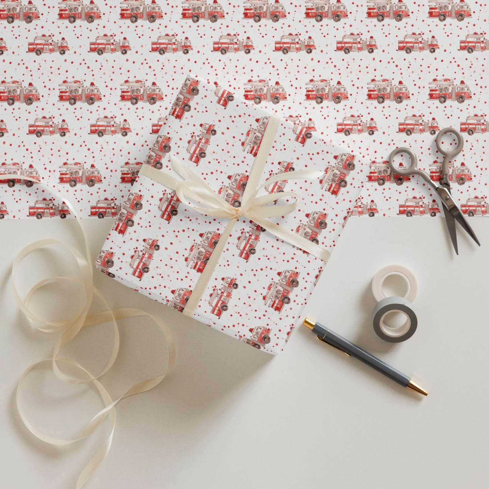 Red Fire Truck Wrapping Paper - Watercolor Fire Engine With Red Polka ...