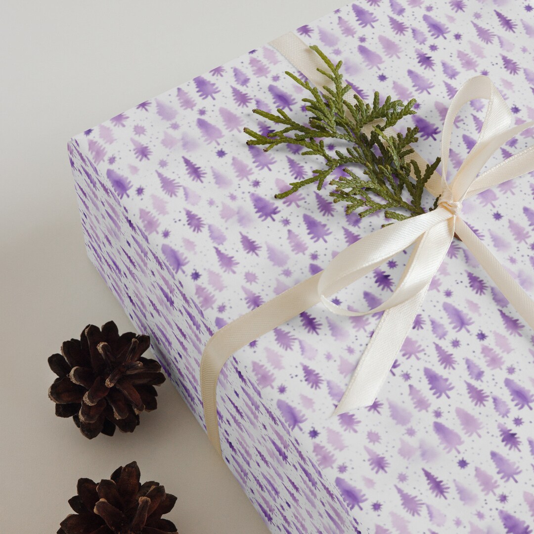 Pastel Purple Christmas Wrapping Paper - Winter Trees & Stars, Set of 3 ...