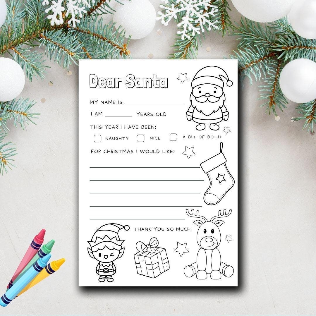 Dear Santa Letter Coloring Page Printable Christmas Wishlist for Kids ...