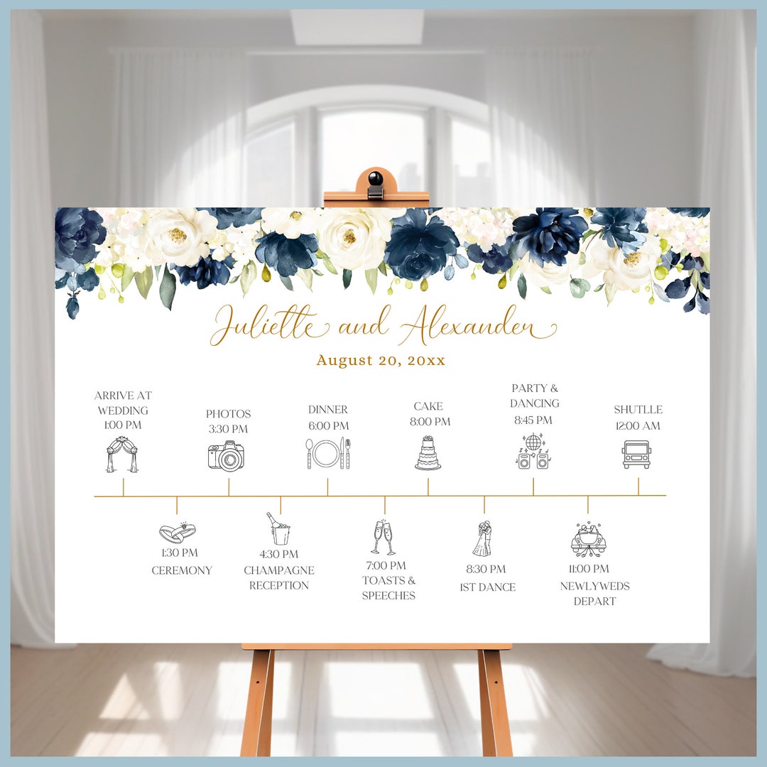 Wedding Timeline Sign Printable Template, Navy Blue & White Rose ...