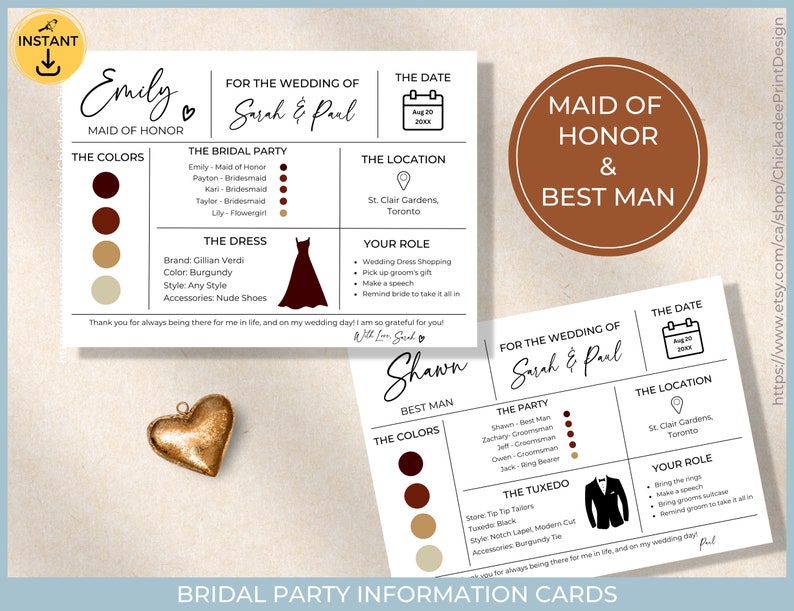 Bridal Party Information Card Printable Template Rust Gold Burgundy ...