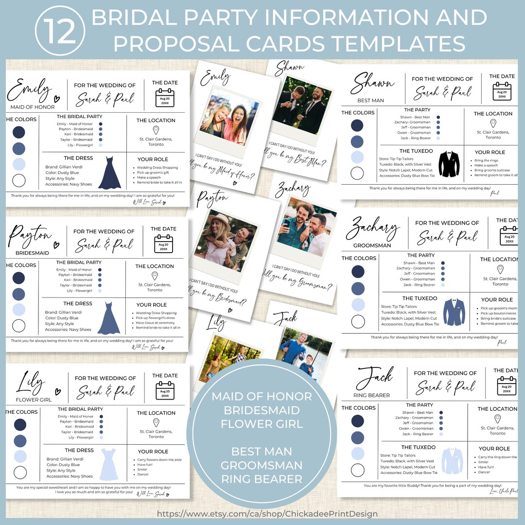 Bridal Party Information & Proposal Cards Set Printable Template Blue ...
