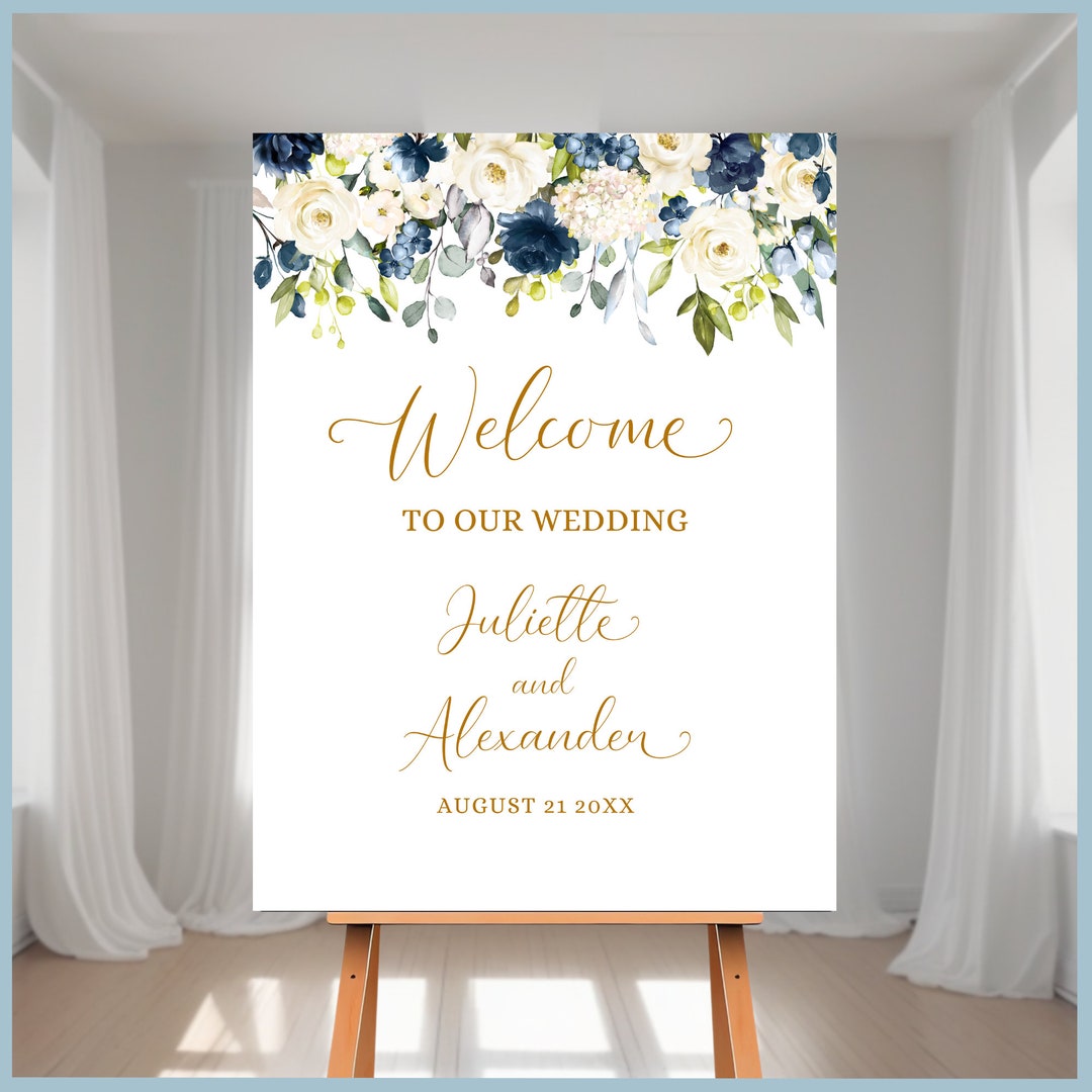 Wedding Welcome Sign Navy Blue and White Floral Printable Template ...
