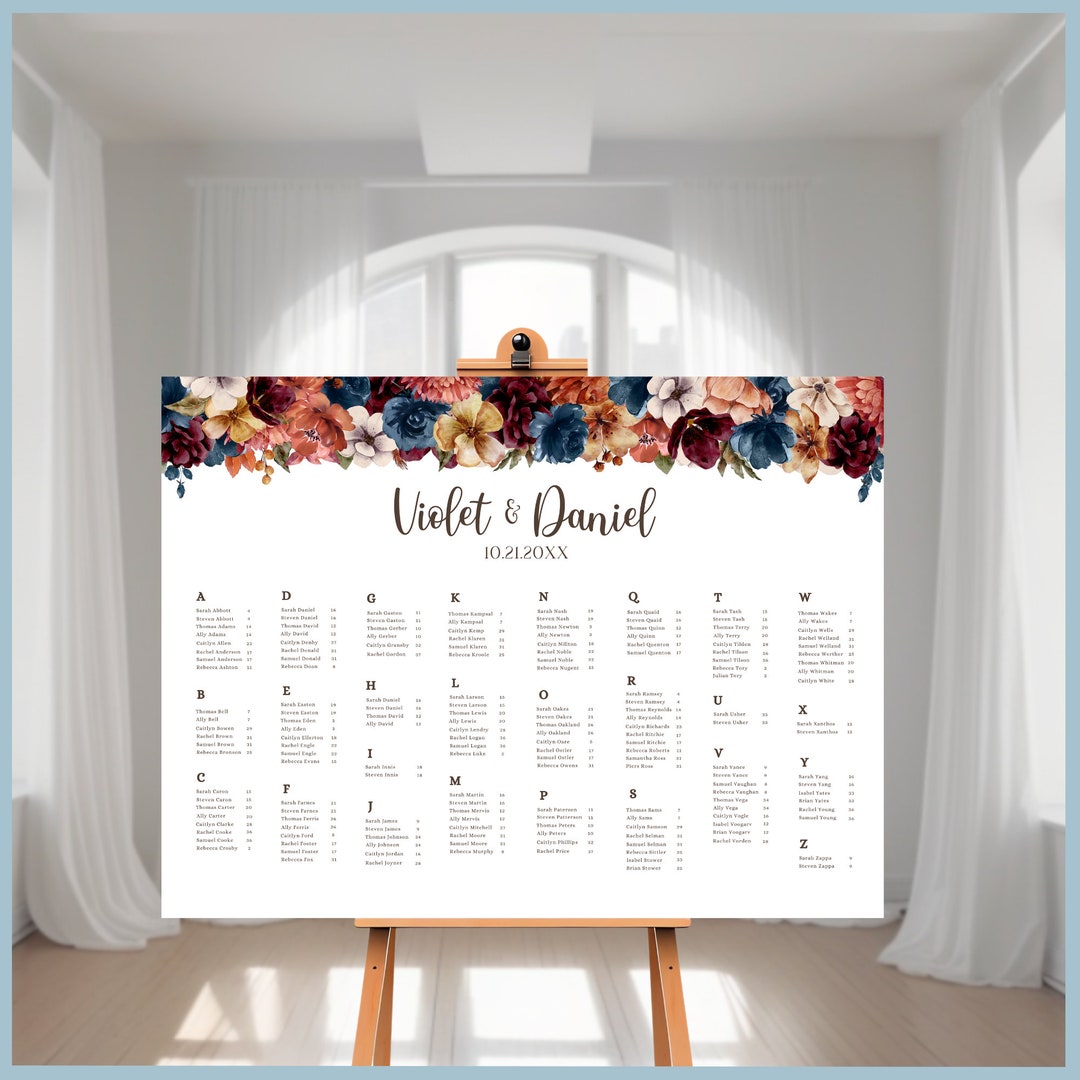 Autumn Wedding Seating Chart Sign Alphabetical Printable Template Navy ...
