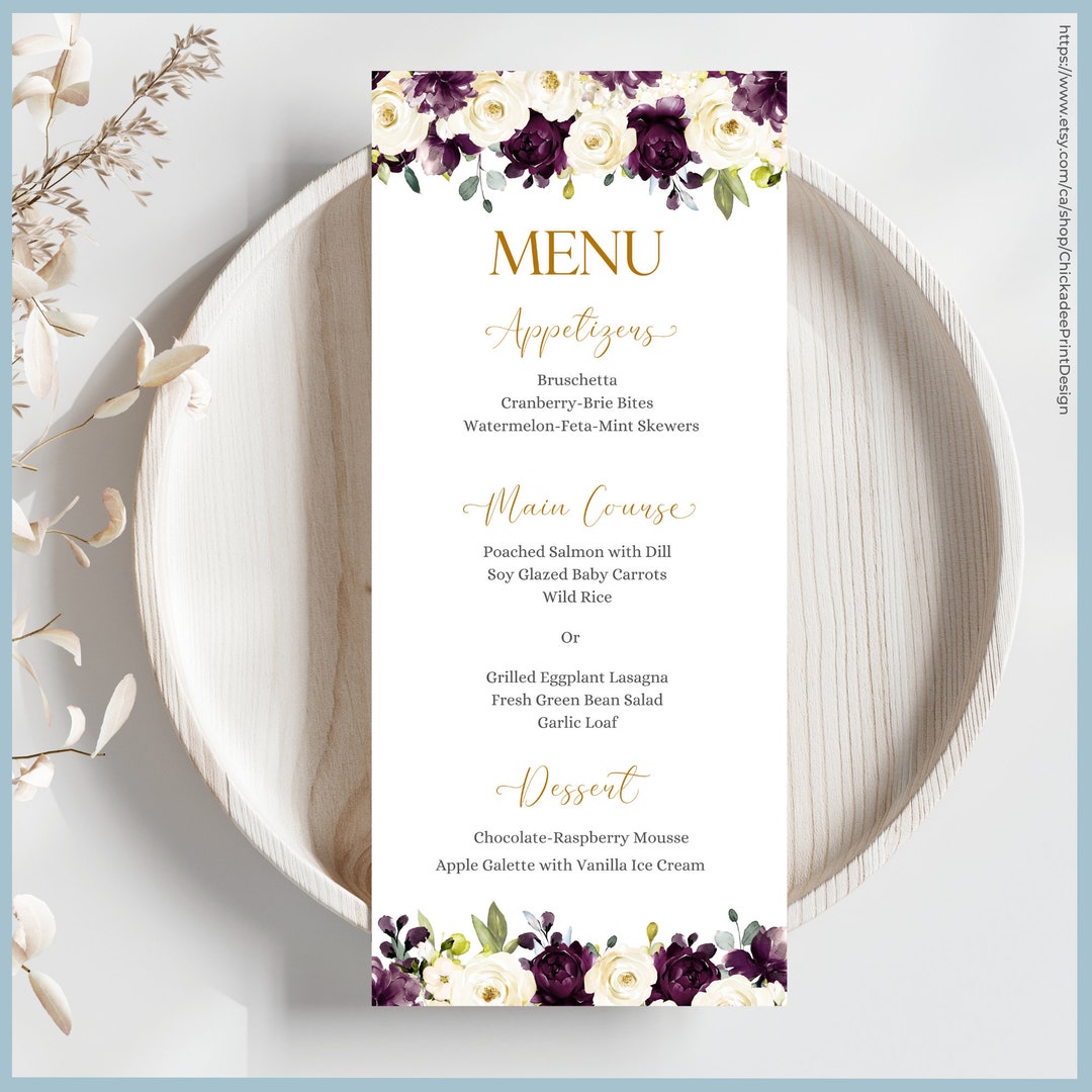 Wedding Menu Card or Bridal Shower Menu Card Printable Template, Dark ...