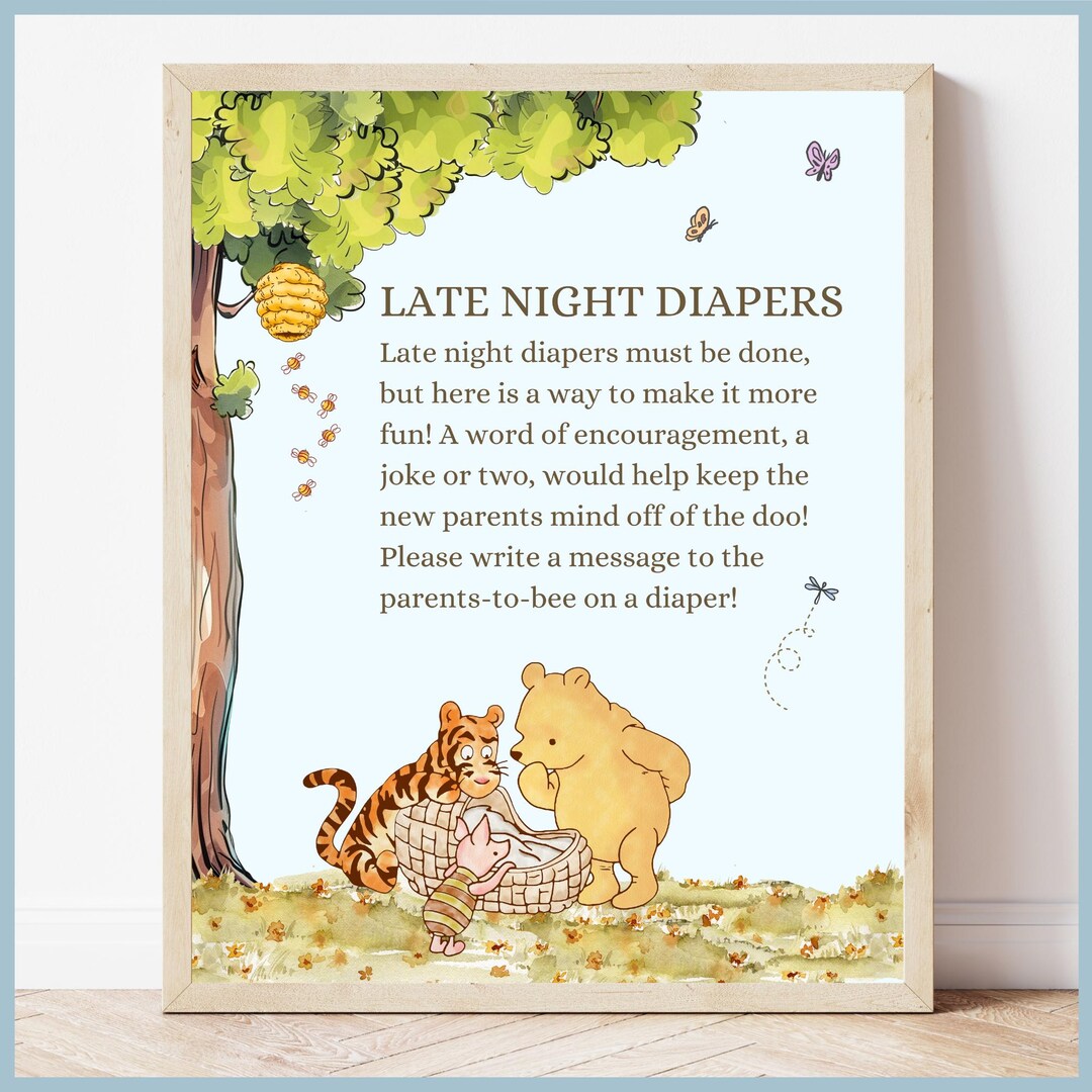 Blue Classic Winnie the Pooh Baby Shower Late Night Diaper Game Sign ...