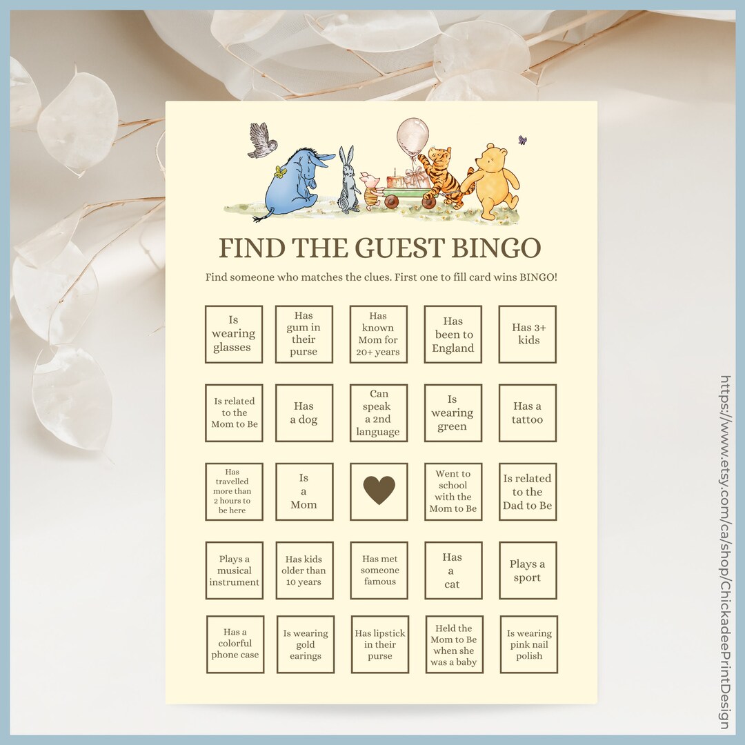 Classic Winnie the Pooh Baby Shower Game Find the Guest Bingo Printable ...