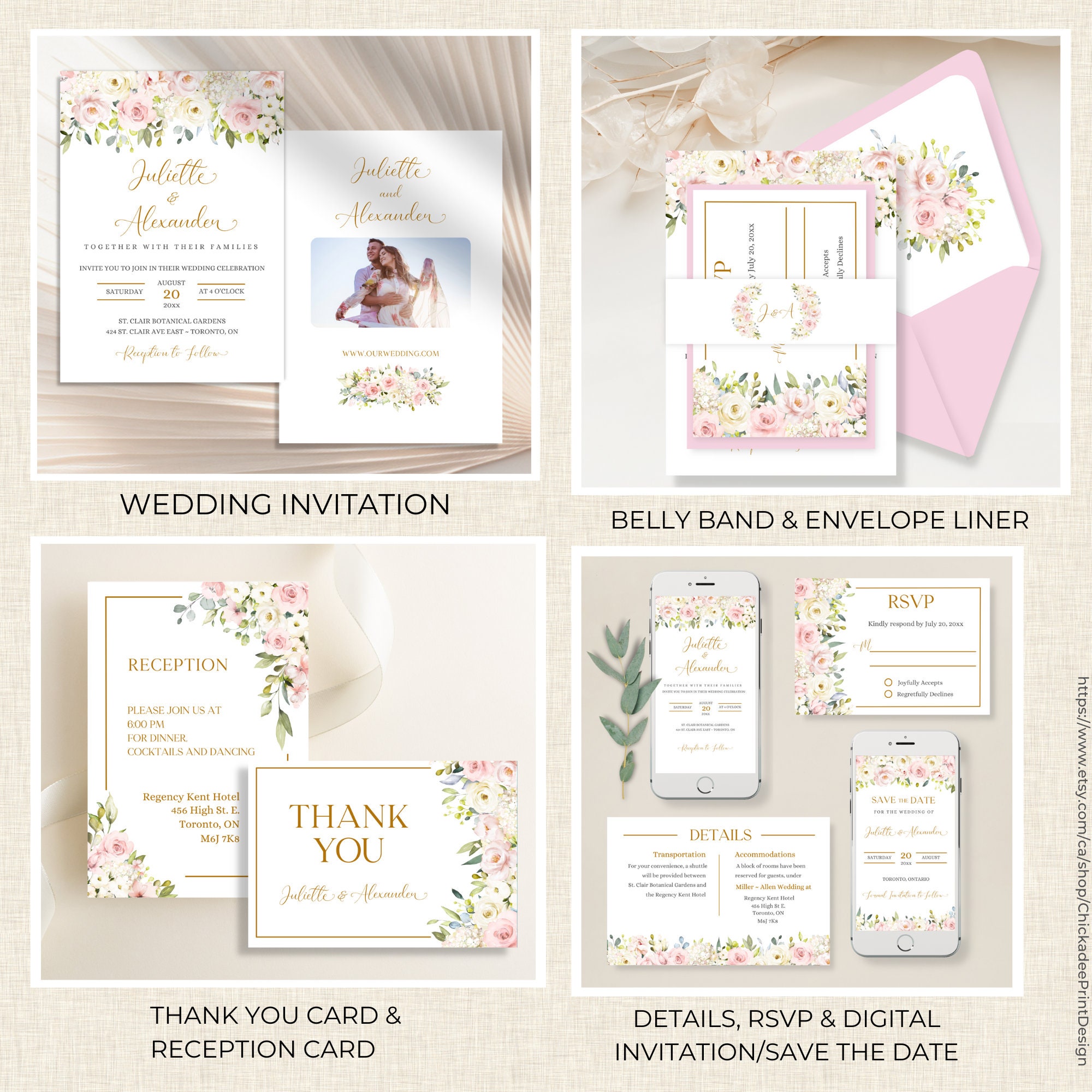 Wedding Collection Bundle Printable Template, Blush Pink & White Roses ...