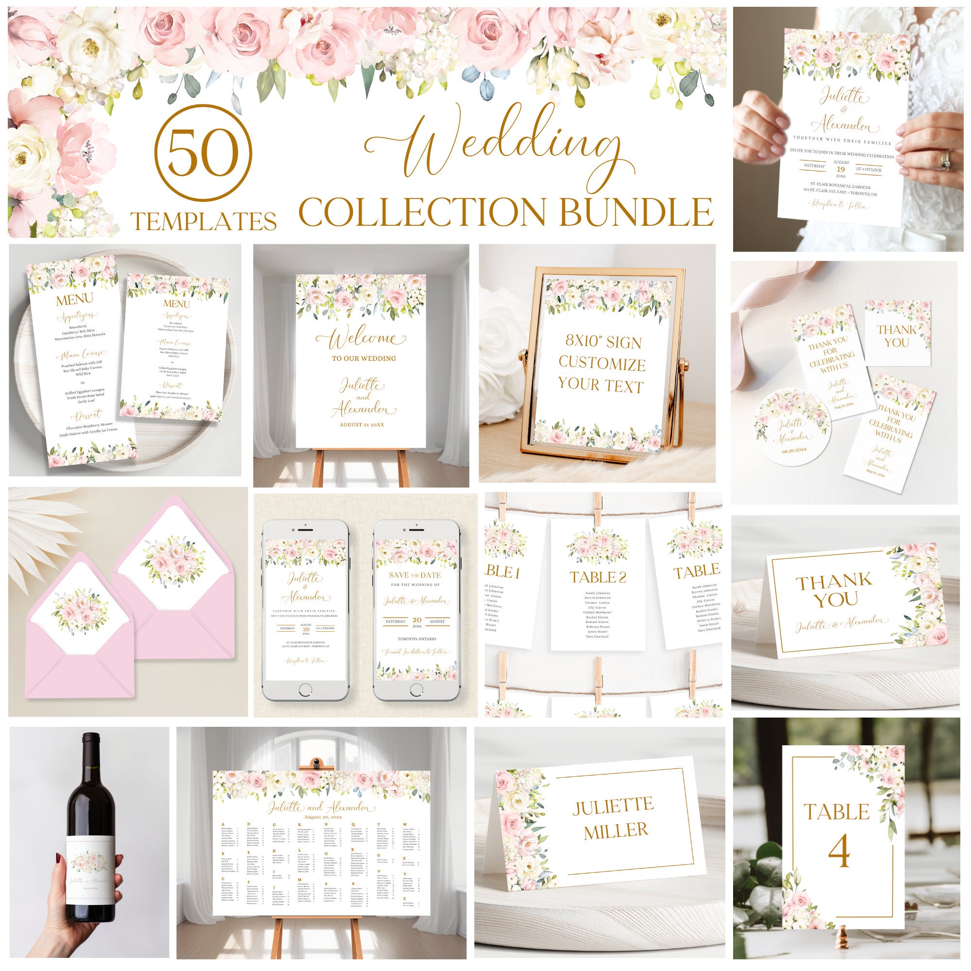 Wedding Collection Bundle Printable Template, Blush Pink & White Roses ...