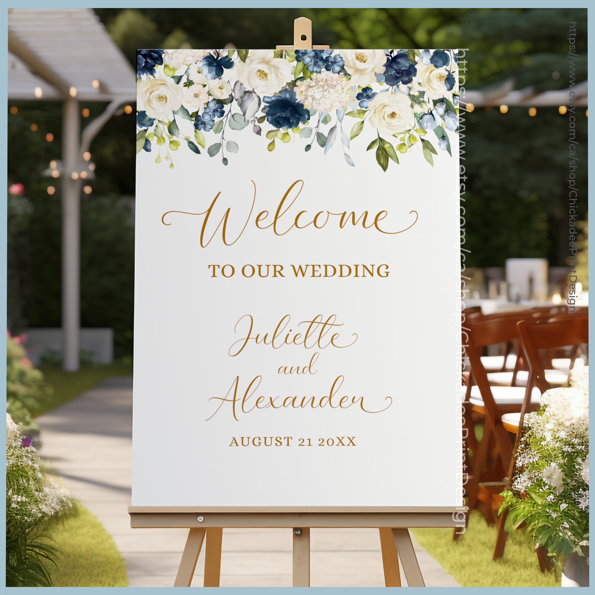 Wedding Welcome Sign Navy Blue and White Floral Printable Template ...