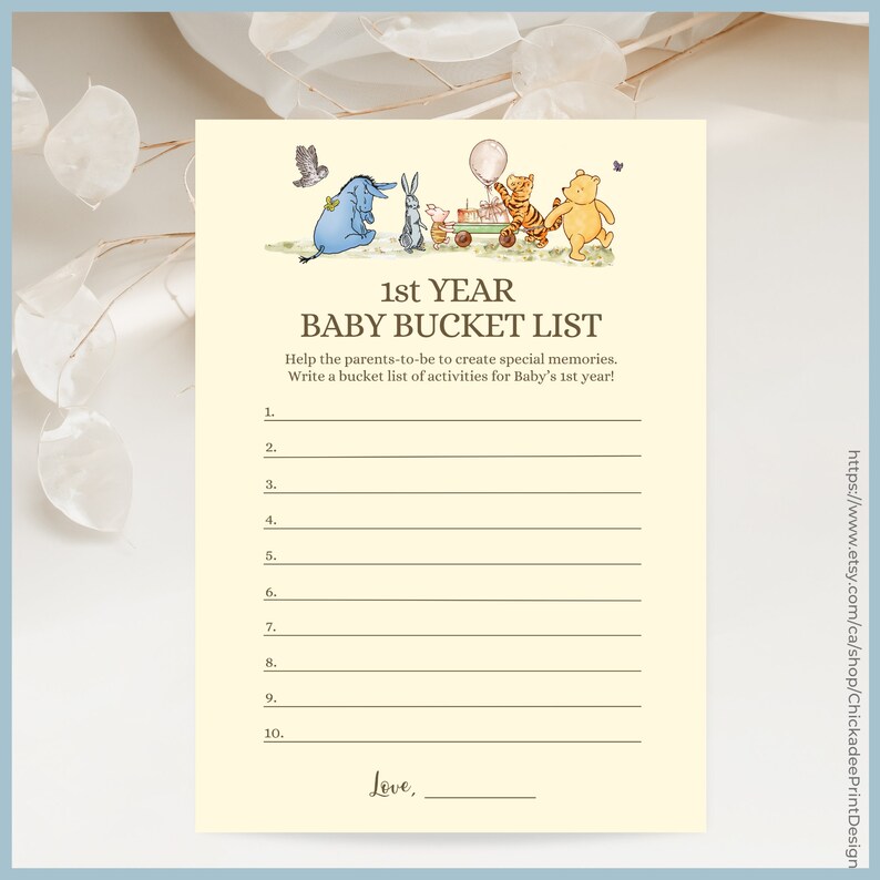 Classic Winnie the Pooh Baby Shower Game 1st Year Bucket List for Baby ...