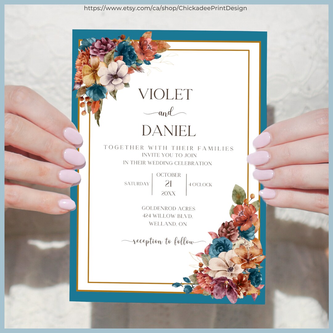 Autumn Wedding Invitation Set Teal Burnt Orange Floral Printable ...
