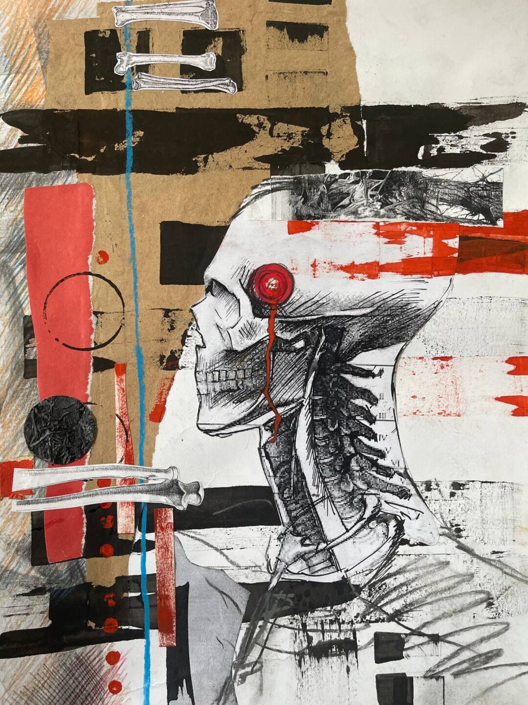 Mixed Media Collage, Rune Robot, Bullet, Shot, Bones, Art, Wall Art ...