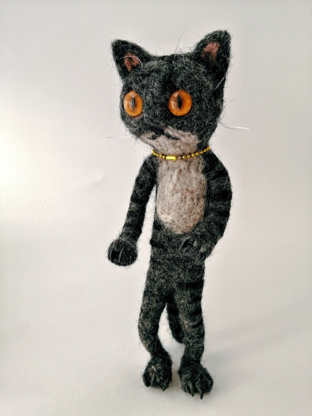 Needle felted stripy grey and black cat, realistic eyes, hand crafted ...