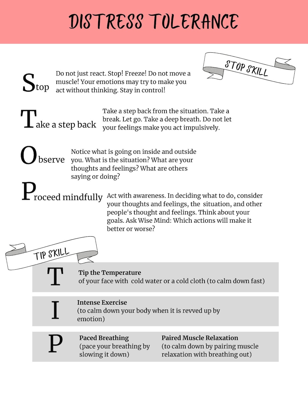 DBT Distress Tolerance Skills STOP and TIP, Handout Worksheet - Etsy