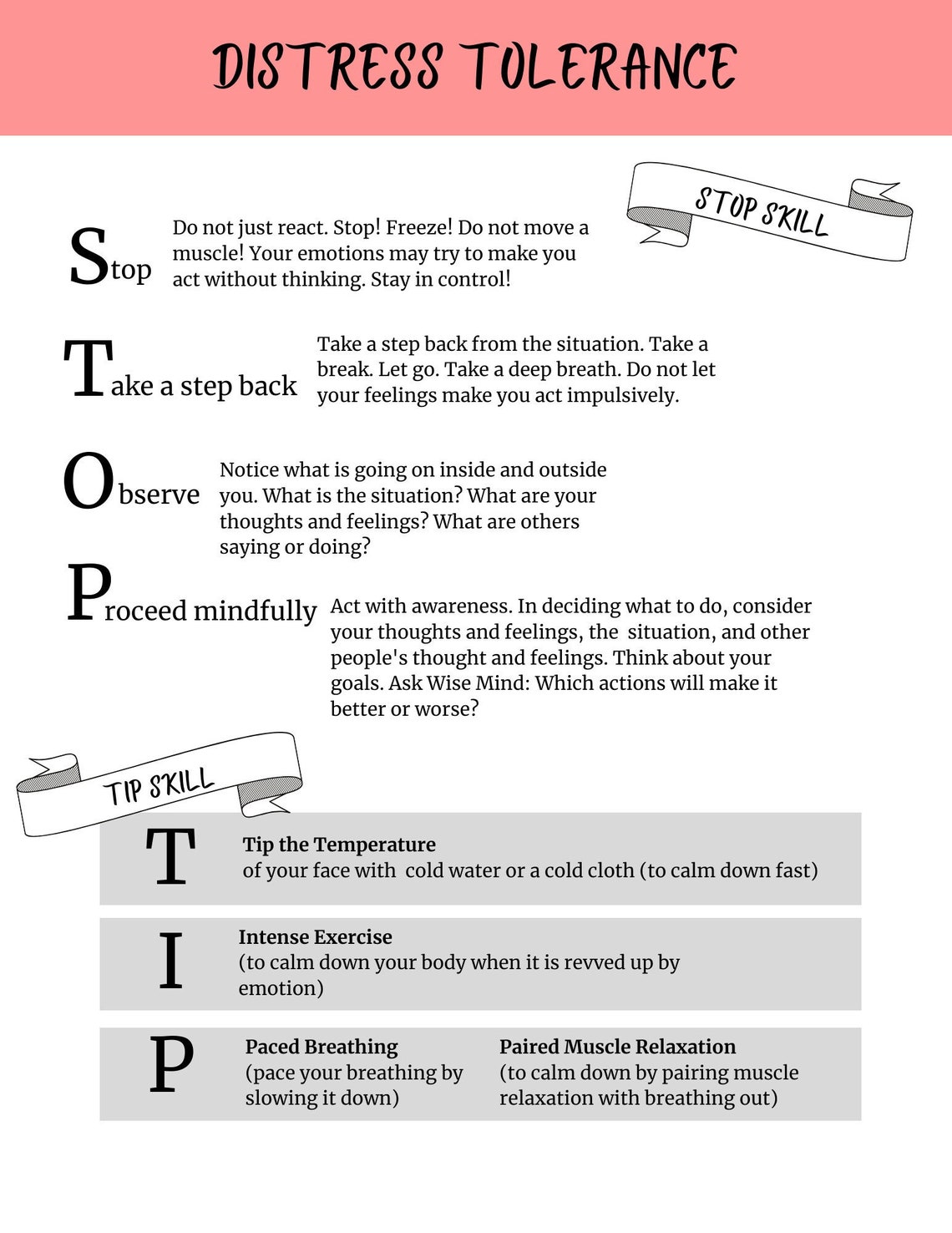 DBT Distress Tolerance Skills STOP and TIP, Handout Worksheet - Etsy