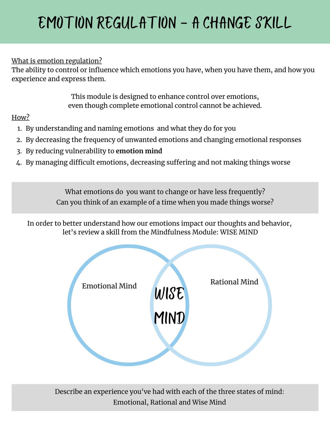 DBT Emotion Regulation Handout Worksheet, Wise Mind - Etsy