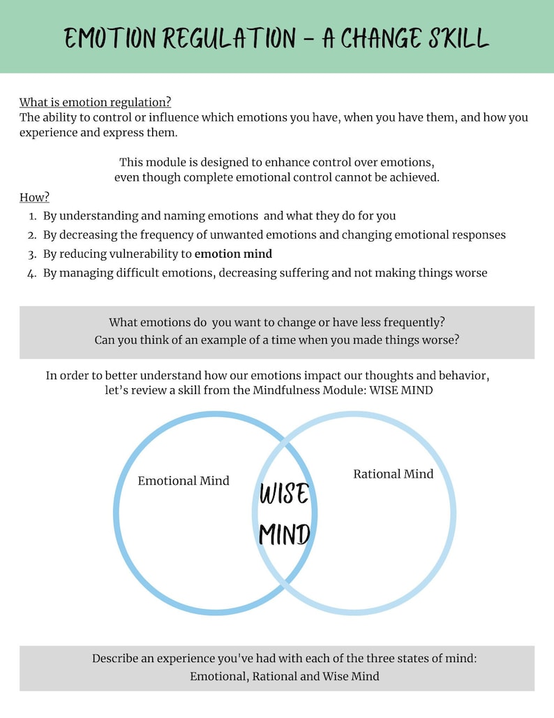 DBT Emotion Regulation Handout Worksheet, Wise Mind - Etsy