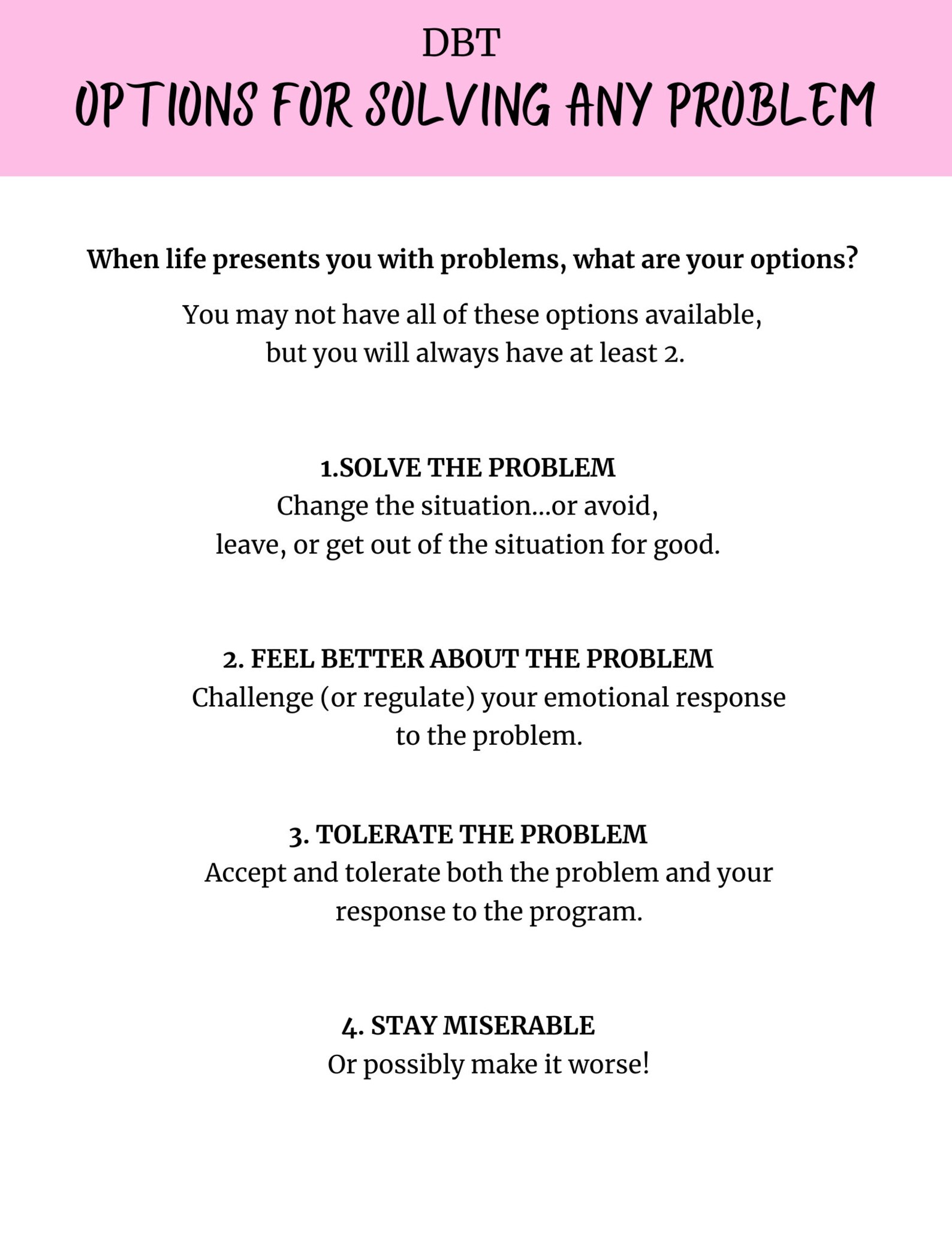 DBT Distress Tolerance Skills, Handout Worksheet, Radical Acceptance, 4 Ways to Solve a Problem ...