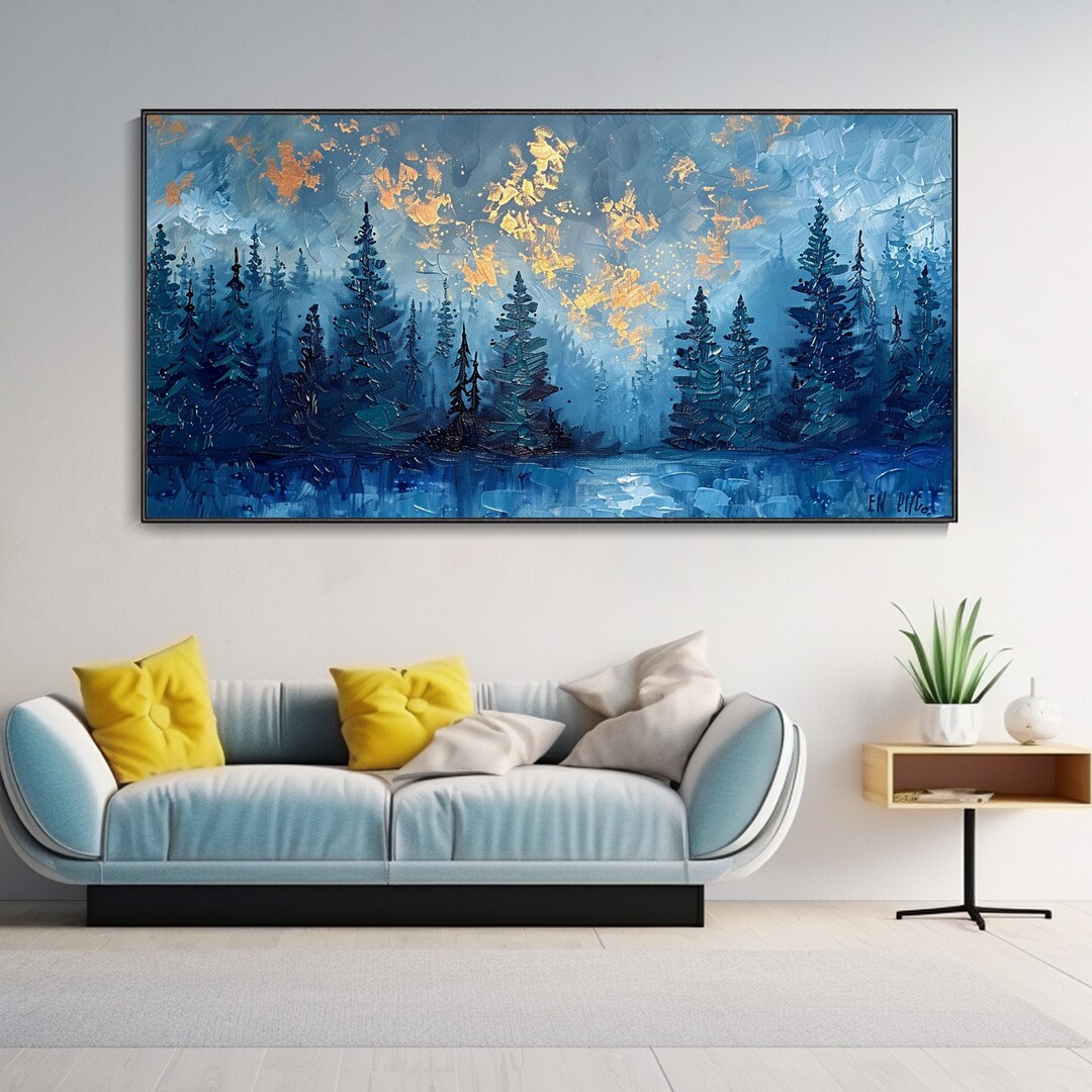 Original Blue Forest Palette Knife Painting Creative Lake Landscape Oil ...
