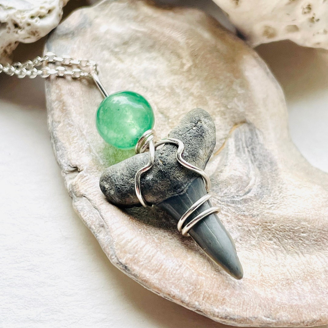 Wire-wrapped Shark Tooth Necklace PENDANT With Green Aventurine ...
