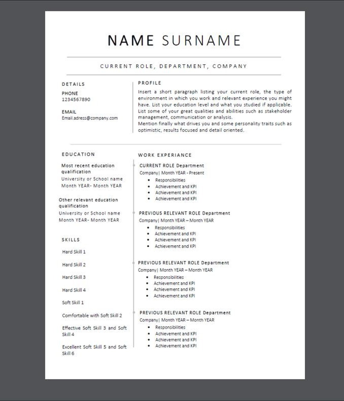 Editable Management Level CV Template, Resume, Curriculum Vitae, CV ...
