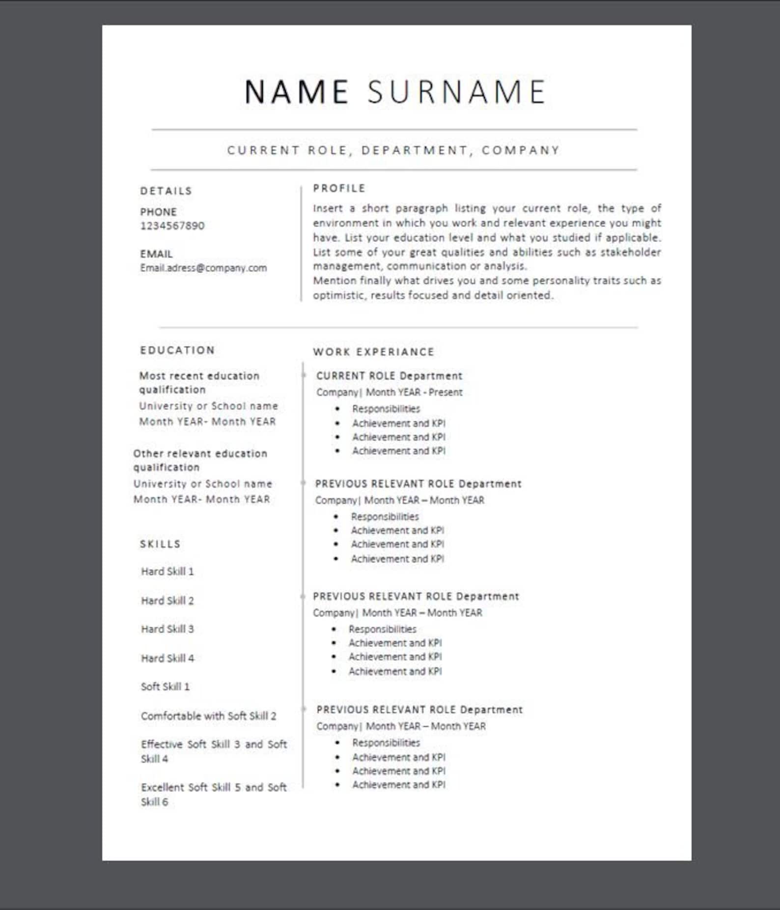 Editable Management Level CV Template, Resume, Curriculum Vitae, CV ...