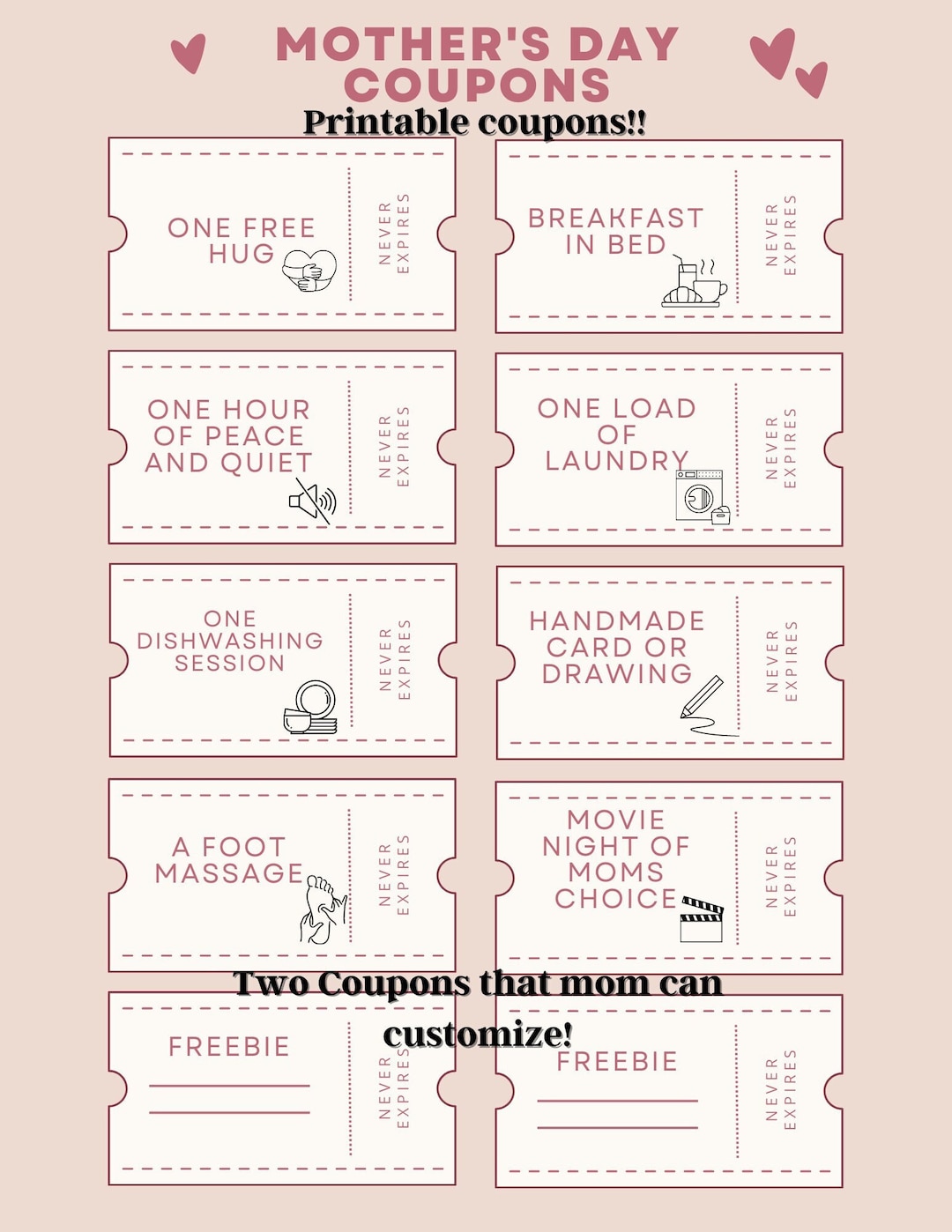 Mother's Day Coupons Vouchers Customize - Etsy