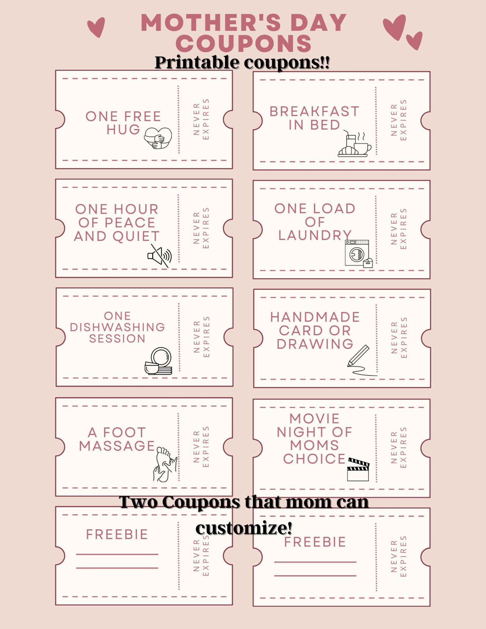 Mother's Day Coupons Vouchers Customize - Etsy