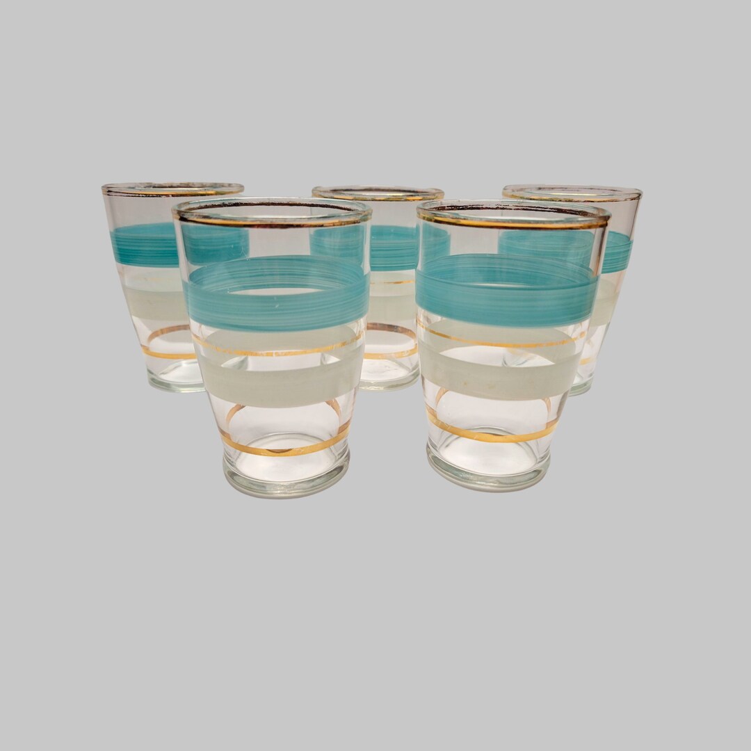 MCM Banded Juice Glasses set of 5, Aqua & White Glass, Gold Trimmed ...