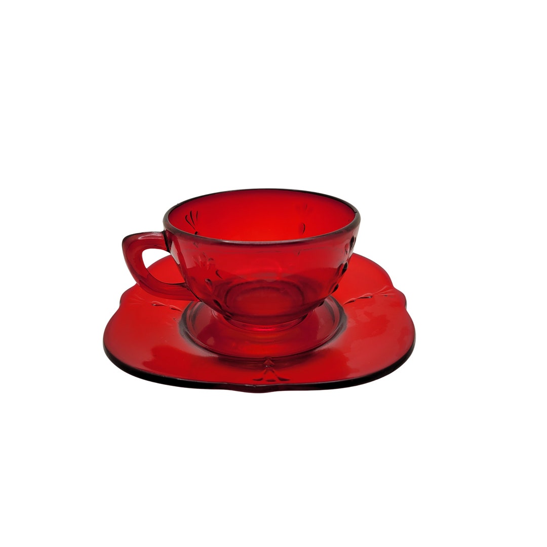 Ruby Red Depression Glass Cup & Saucer, Paden City Crows Foot Glassware ...