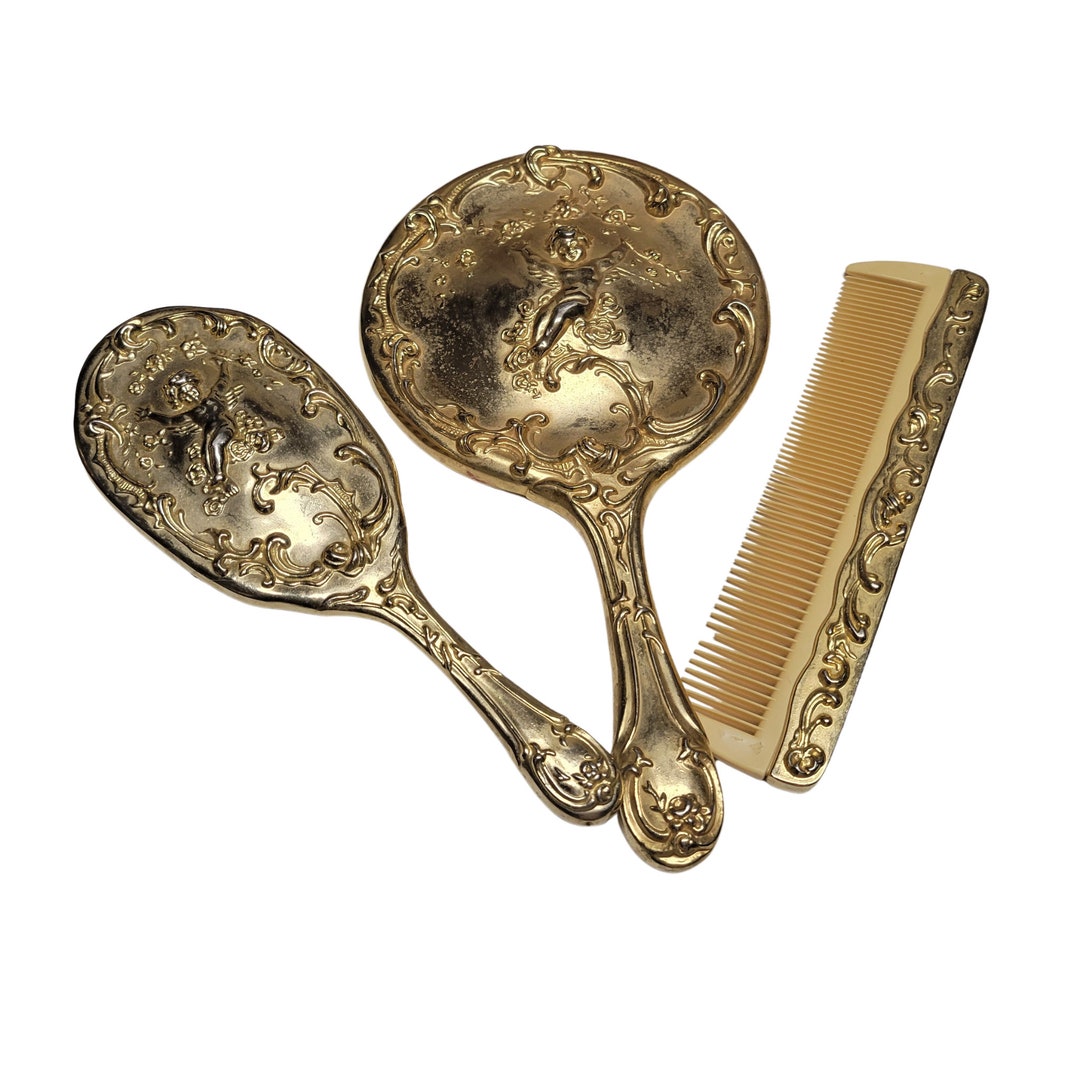 Vintage Mirror, Brush & Comb Set, Vanity Set, Hollywood Regency, Hand ...