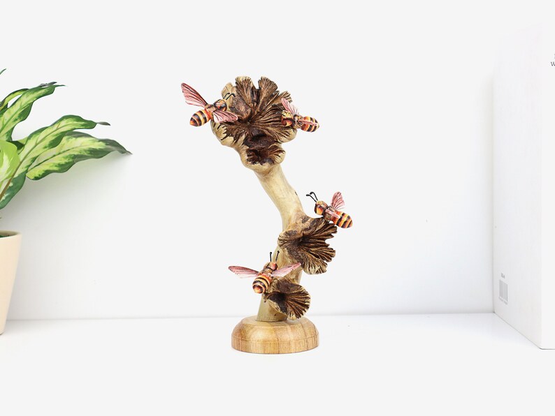Wooden Bee Sculpture, Hand Carved Insect Figurine, Painted Honey Bee ...