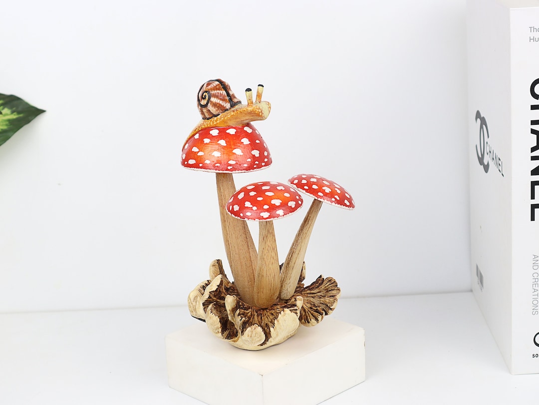 Handcrafted Wooden Red Mushroom With Snail, Charming Table Decor Accent ...