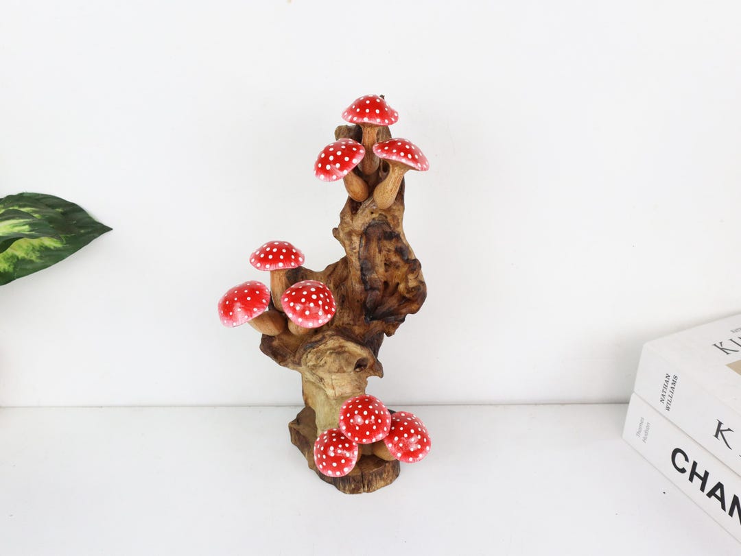 Wooden Red Mushroom Art for Table Deco, Wood Carving Mushroom, Hand ...