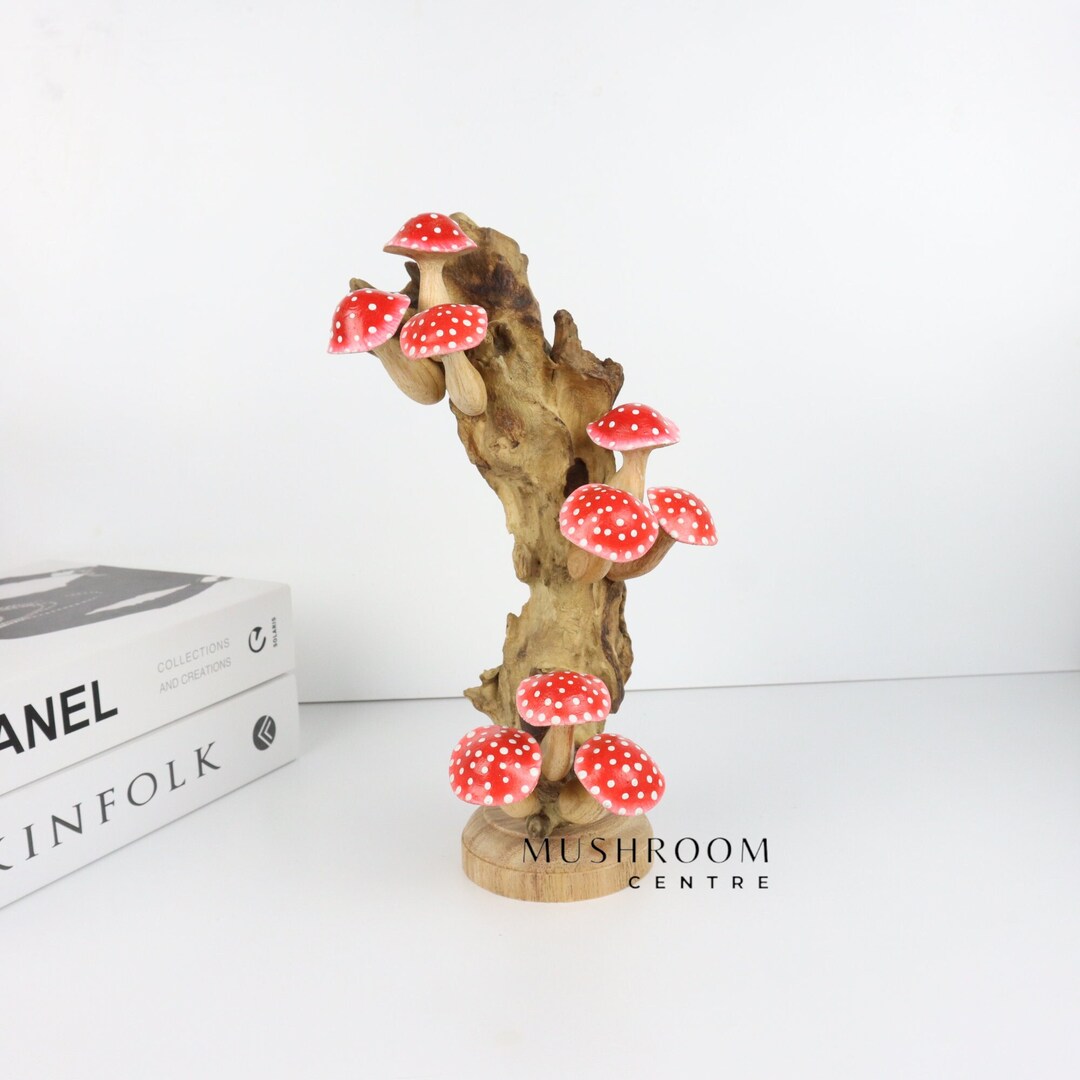 Wooden Red Mushroom Art for Table Deco, Wood Carving Mushroom, Hand ...