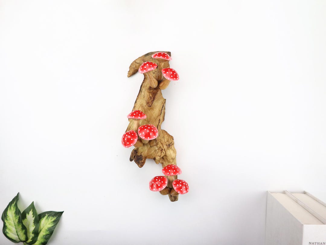 Painted Mushroom Wall Art | Hand Carved Wood Decor | Polka Dot Fungus ...