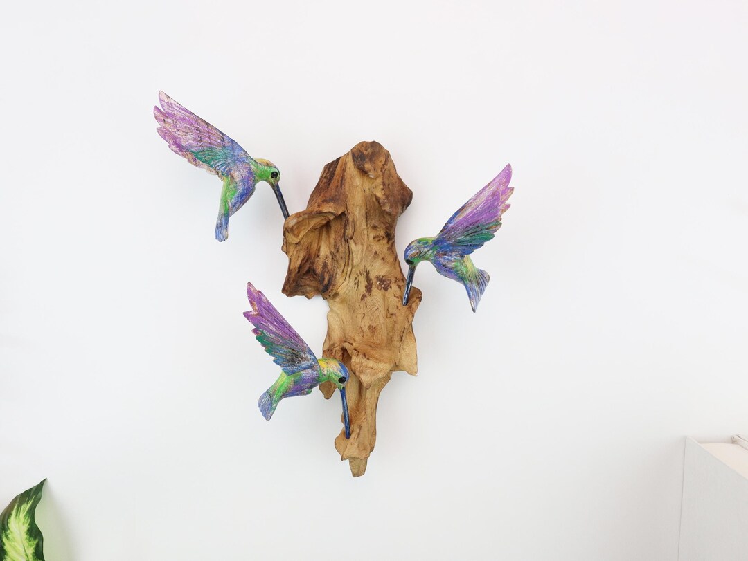 Hummingbird Trio Wall Art | Handcrafted Wooden Driftwood Sculpture ...