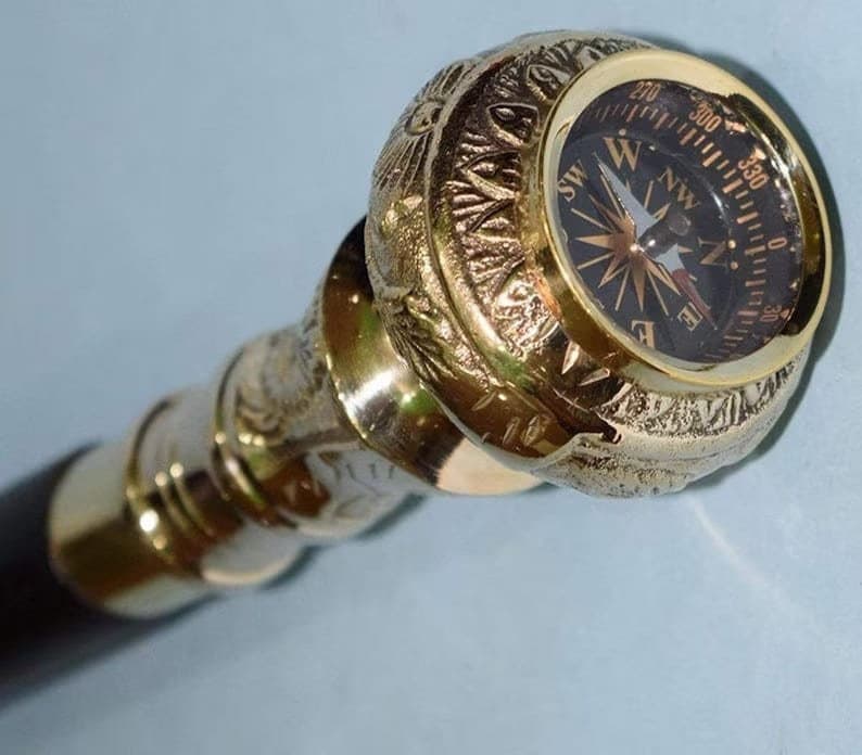 Nautical Stylish Brass Compass Head Spiral Head Handle Walking Stick ...