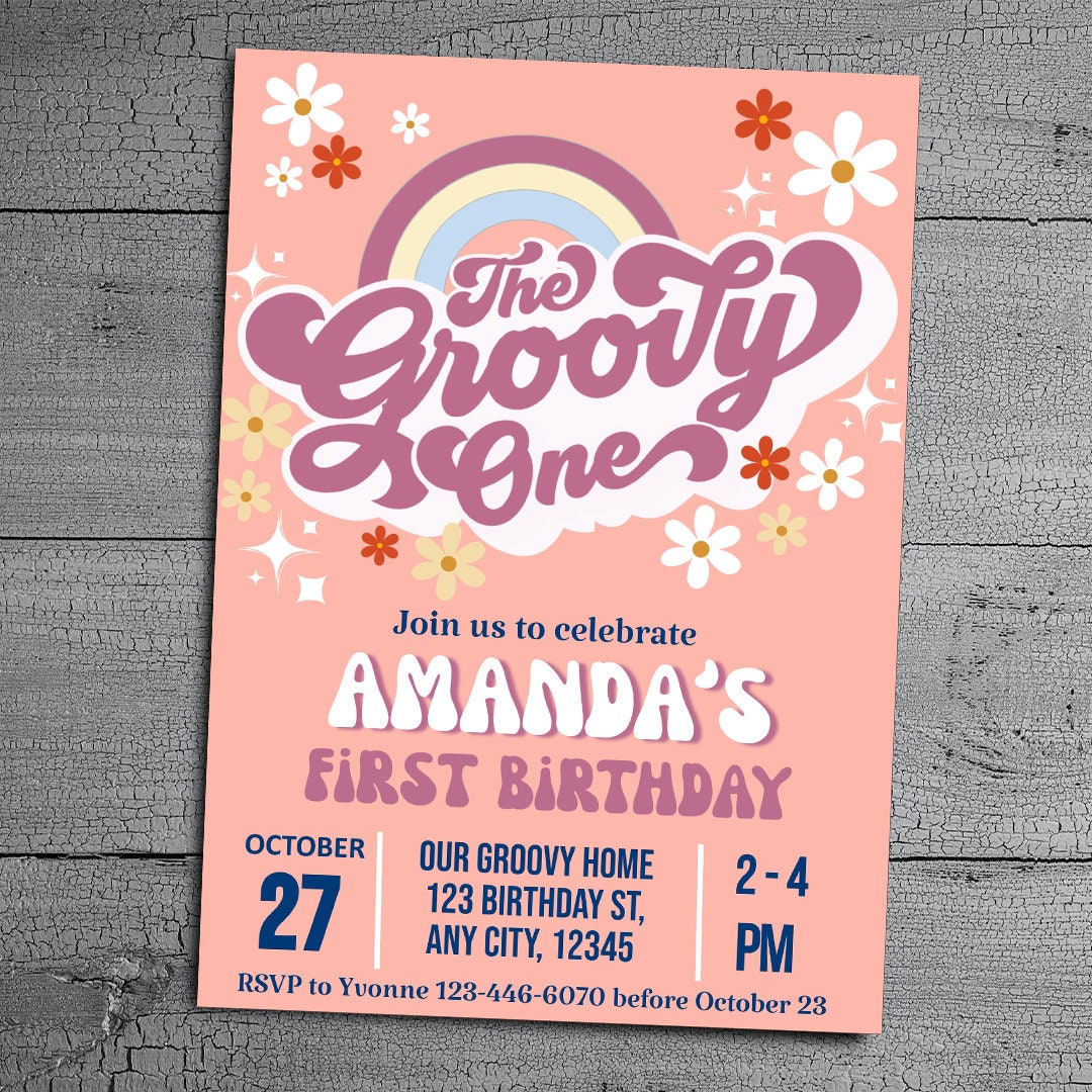 Editable Groovy One Invitation Template for First Birthday, 1st Hippie ... Editable Groovy One Invitation Template for First Birthday, 1st Hippie ...