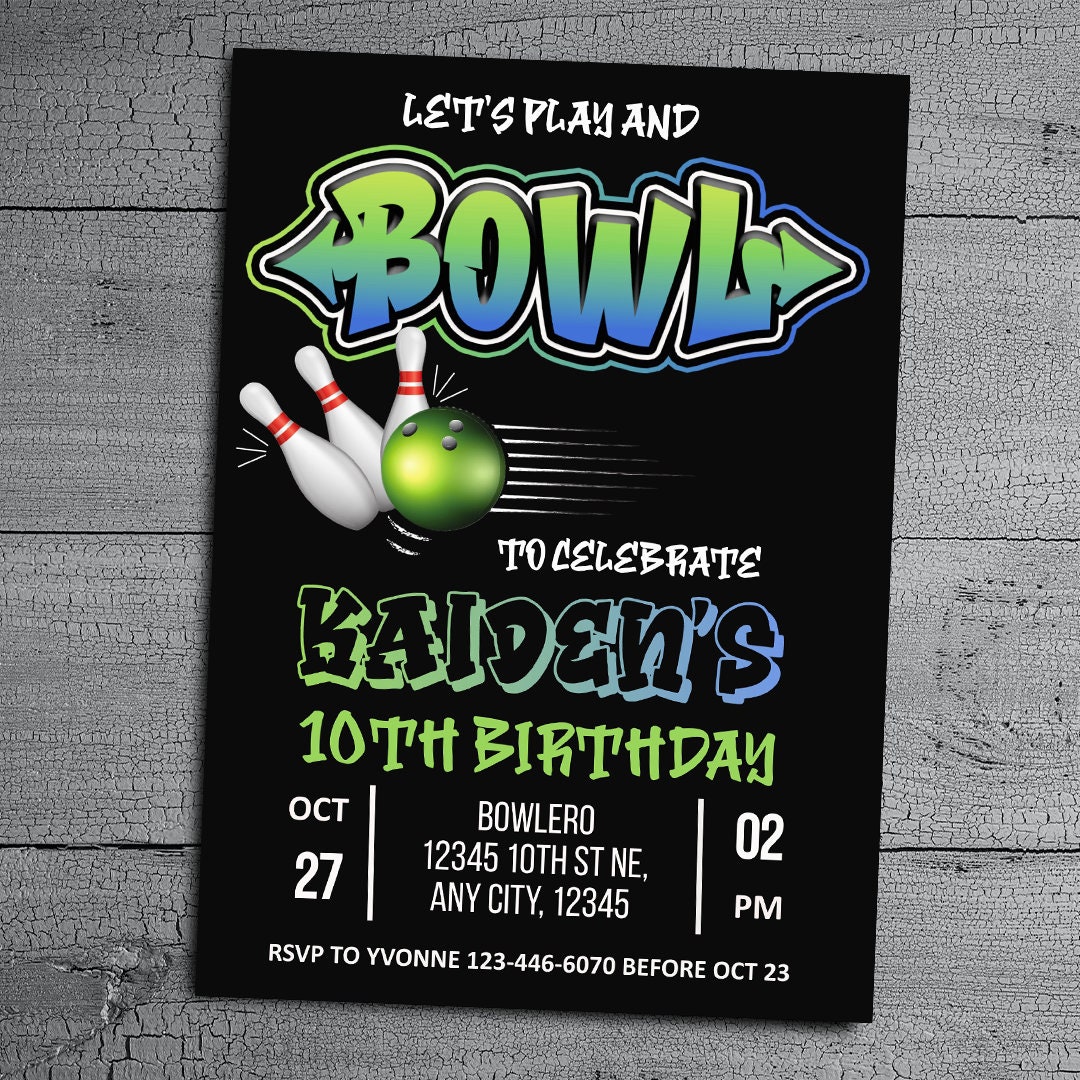 Bowling Birthday Invitation, Editable Boys Birthday Invite for 5th, 6th ...