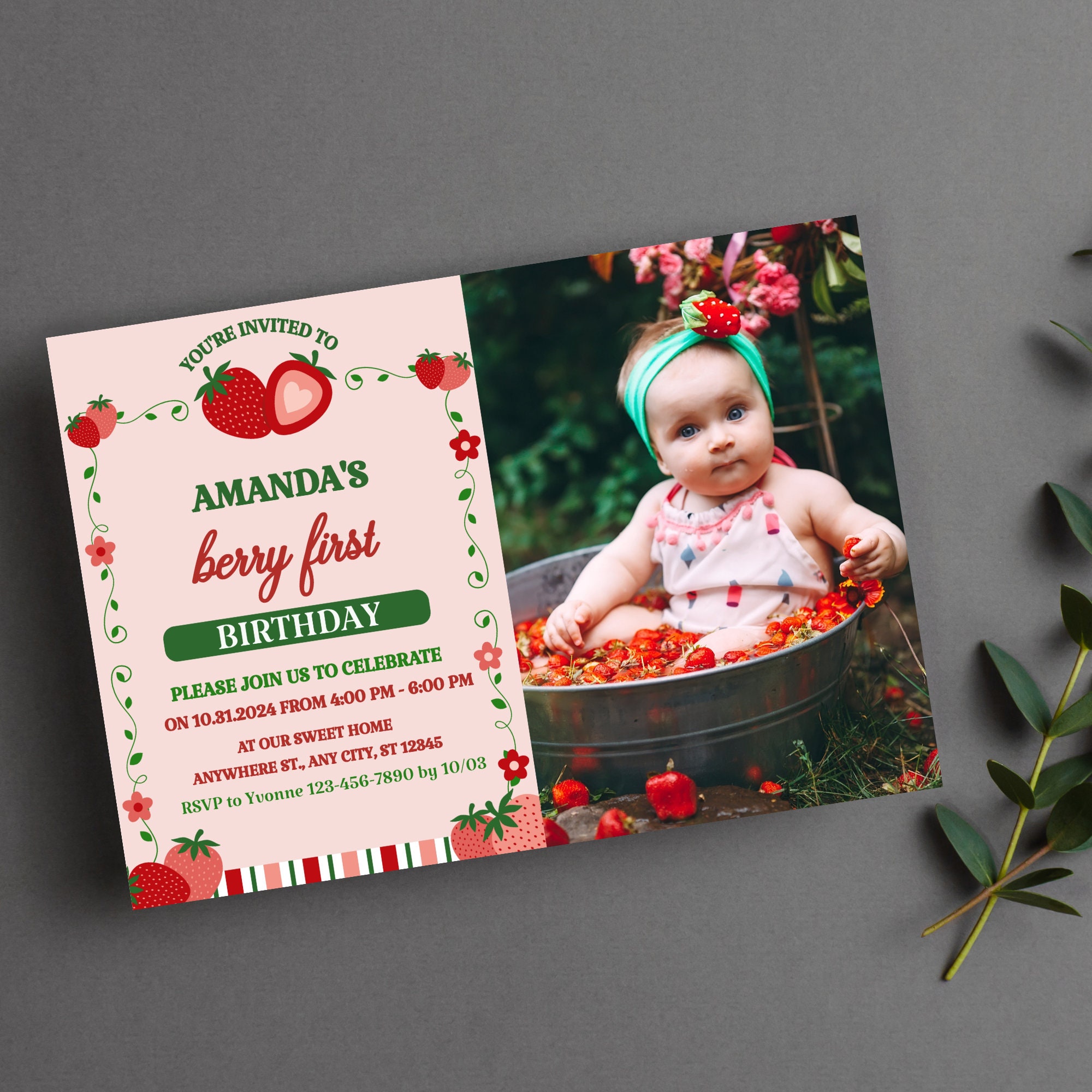 Berry First Birthday Invitation, Sweet One Strawberries Fruit Themed ...